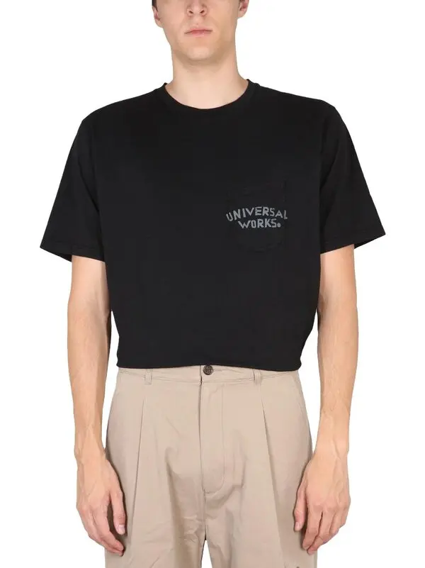 Universal Works Classic Crewneck T-shirt With Front Pocket For - Black