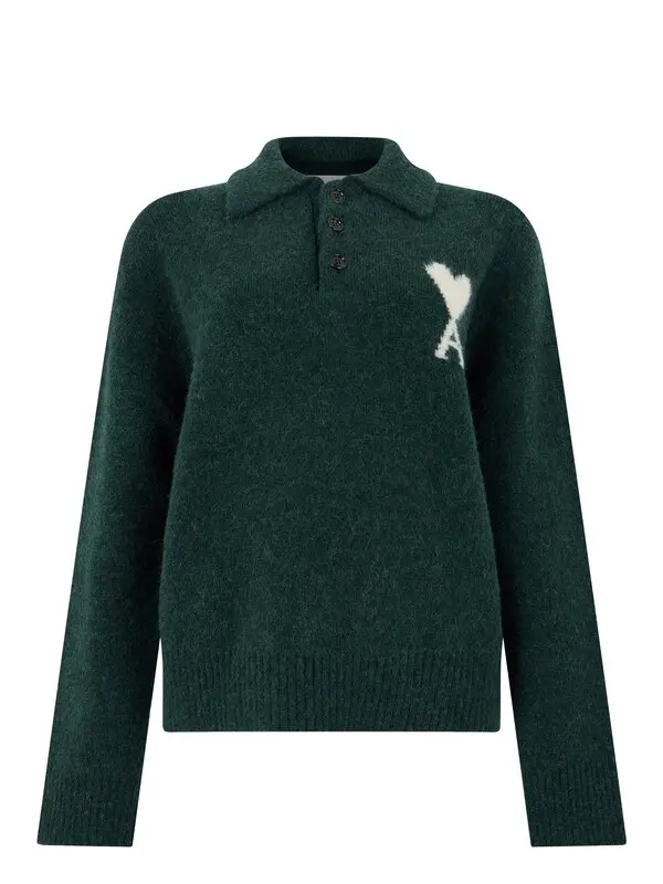 AMI Paris Alpaca Blend Polo Sweater With Contrasting Trim - Green
