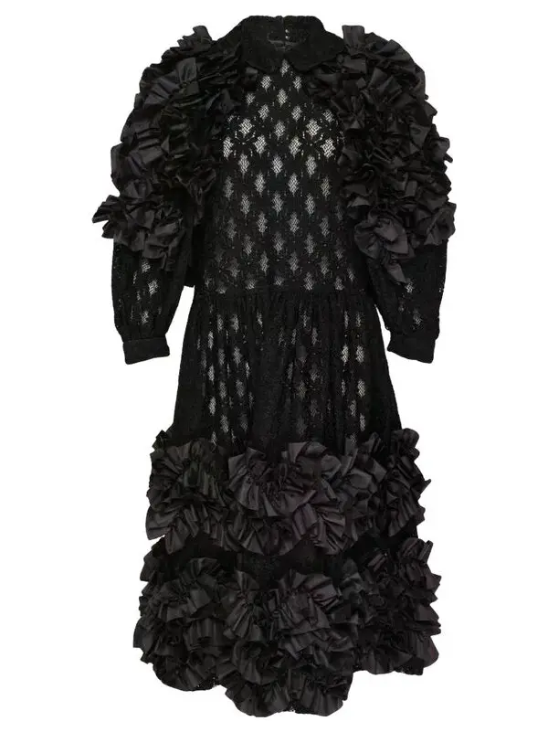 Comme Des Garçons Ruffled Lace-panel Midi Dress - Black