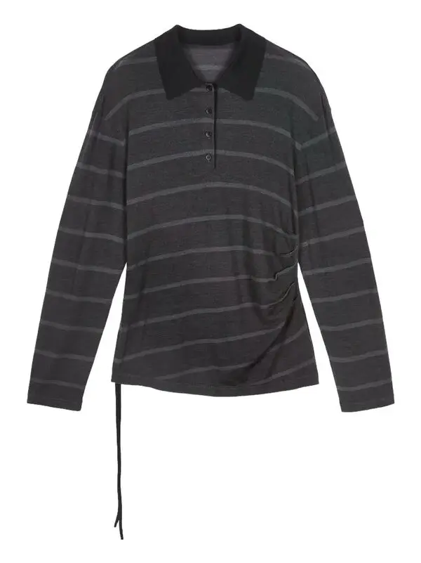 LESS Striped Drawstring Polo Top - Grey