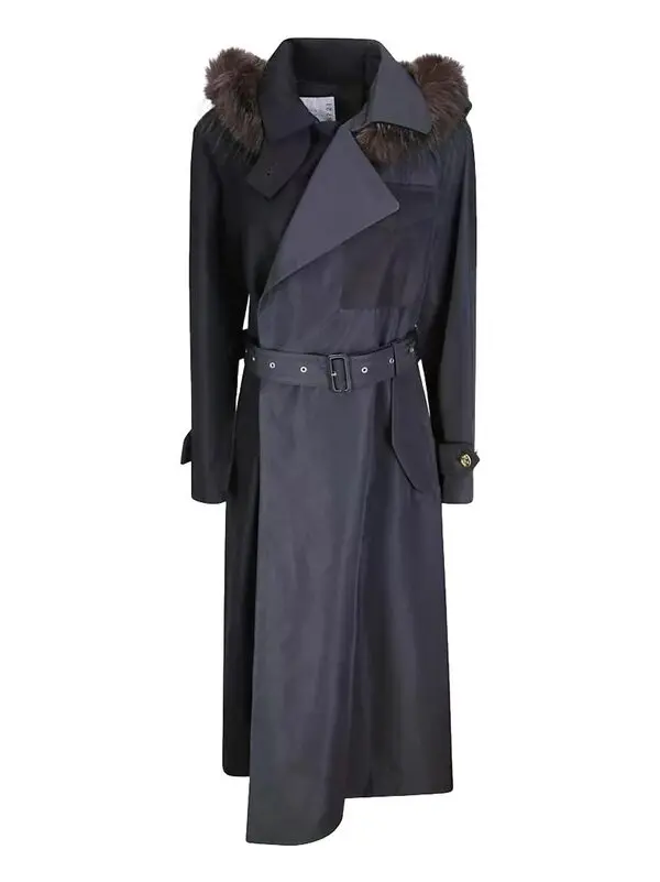 Sacai Fur-trim Belted Coat - Black