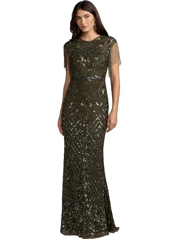 Mac Duggal Olive High Neck Beaded Fringe Fitted Gown - Green