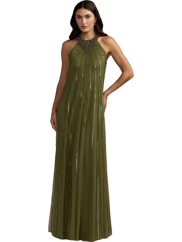 Mac Duggal Sleeveless Halter Embellished Trapeze Gown - Green