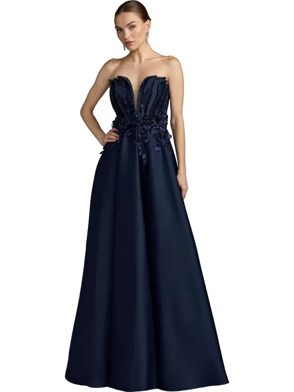 Mac Duggal Strapless Satin Floral Embellished Ball Gown - Navy
