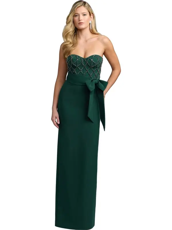 Mac Duggal Emerald Strapless Embellished Crepe Gown With Bow - Green