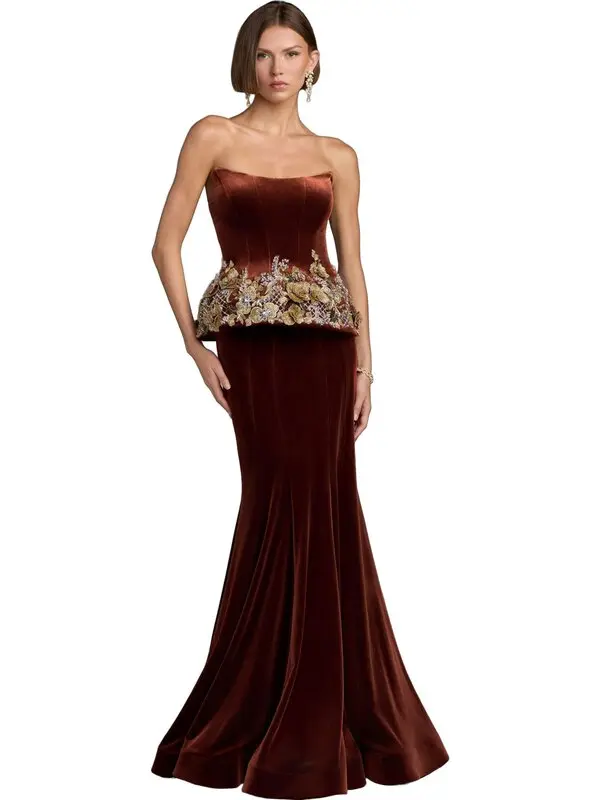 MAC DUGGAL COLLECTION Brown Strapless Embellished Velvet Peplum Gown - Cognac