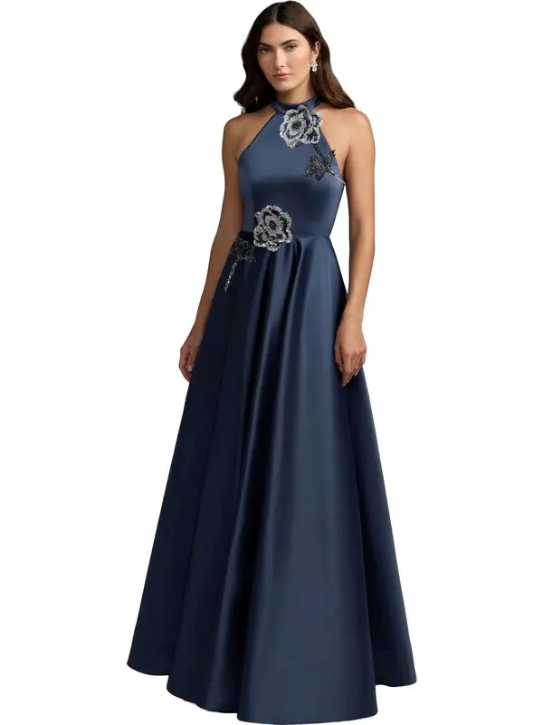 Mac Duggal Floral Sequin Appliqu Halter Ball Gown - Midnight