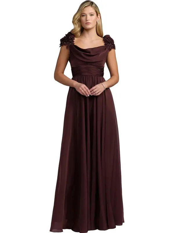 Mac Duggal Amethyst Chiffon Cowl Neck Embellished Cap Sleeve Gown - Red