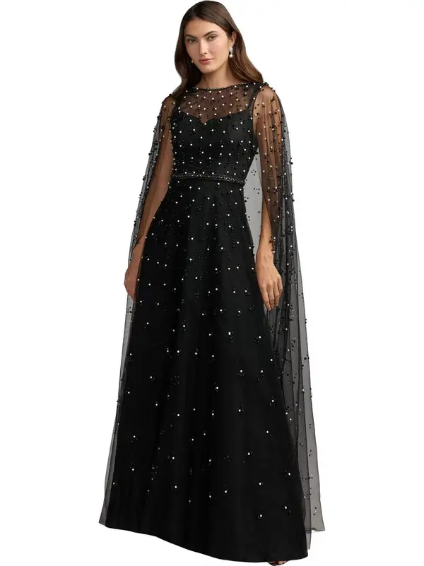 Mac Duggal Petite Ivory Pearl Embellished Cape Sleeve Gown - Black