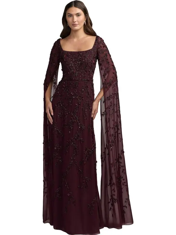Mac Duggal Aubergine Floral Embellished Cape Sleeve Gown - Purple