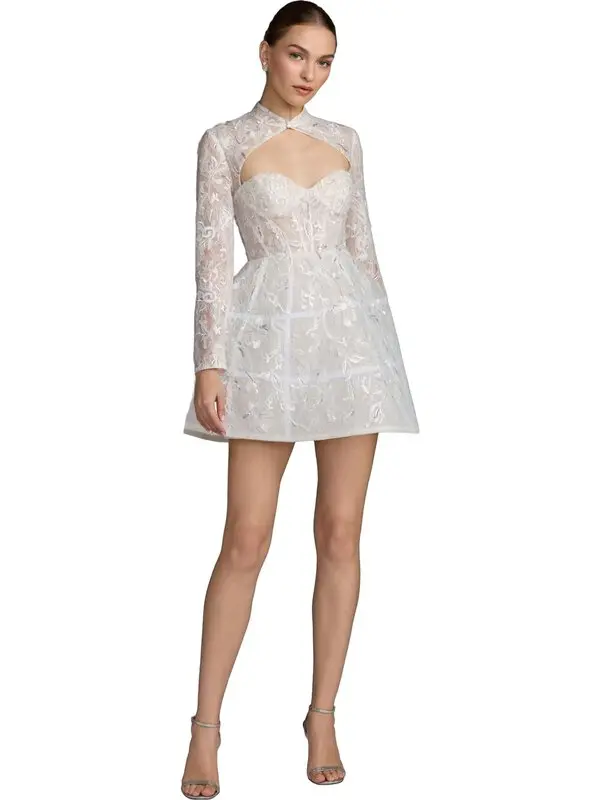 Mac Duggal White Long Sleeve Lace A-line Mini Dress - Ivory