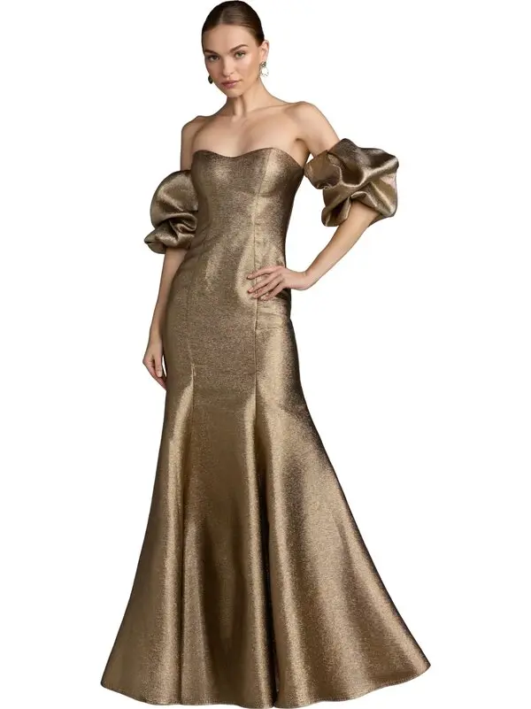 Mac Duggal Brocade Off The Shoulder Puff Sleeve Gown - Gold