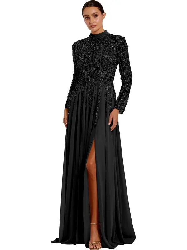 Mac Duggal Embellished Long Sleeve Gown With Slit - Black