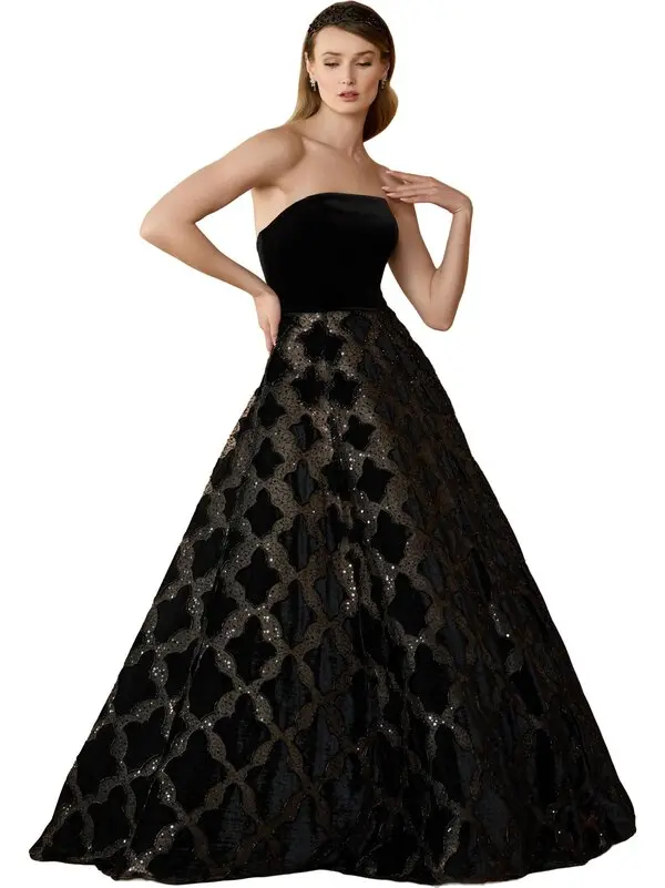 MAC DUGGAL COLLECTION Strapless Velvet Bodice Embellished Ball Gown - Black