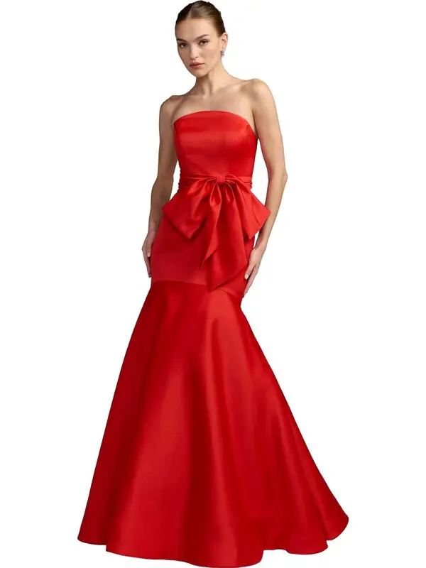 Mac Duggal Strapless Satin Mermaid Gown With Oversize Bow - Red