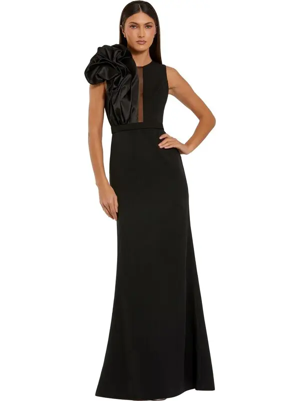 Mac Duggal High Neck Sleeveless Crepe Gown With Satin Ruffle - Black