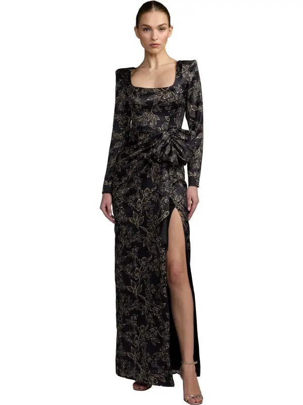 Mac Duggal Black Floral Printed Long Sleeve Gown With Bow - Black Multi