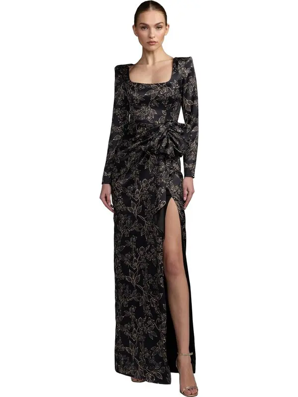 Mac Duggal Floral Printed Long Sleeve Gown With Bow - Black Multi