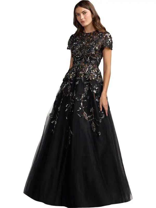 Mac Duggal Black Floral Embellished High Neck Tulle Ball Gown - Black Multi