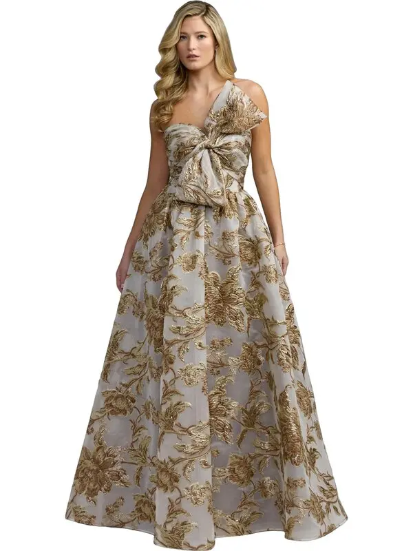 Mac Duggal Gold Floral Strapless Brocade Ball Gown With Bow - Bronze