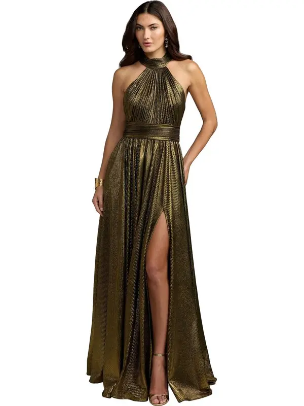 Mac Duggal Metallic Pleated Mock Neck Gown - Gold