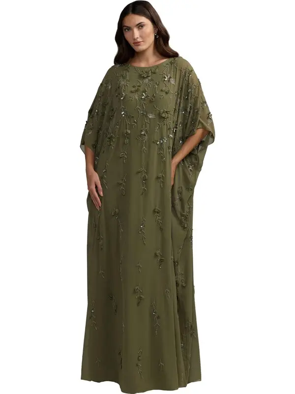 Mac Duggal Olive Floral Embellished Kaftan Gown - Green