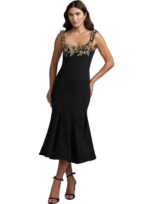 Mac Duggal 3d Floral Trumpet Midi Dress - Black