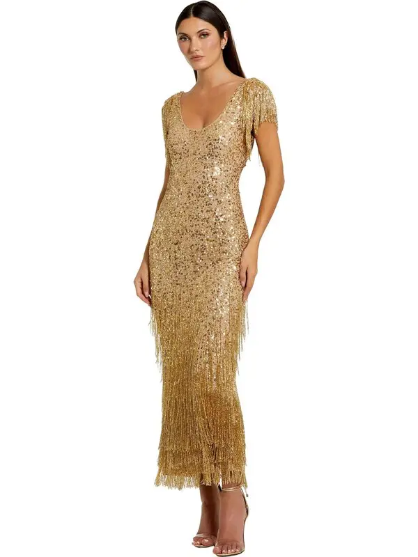Mac Duggal Beaded Fringe Scoop Neck Midi Dress - Gold