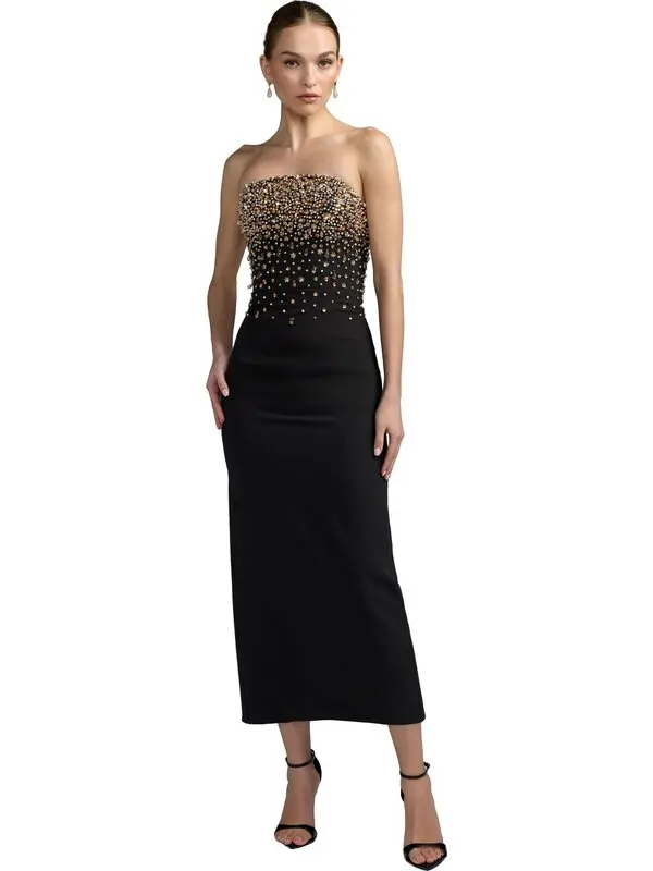 Mac Duggal Beaded Strapless Crepe Midi Dress - Black