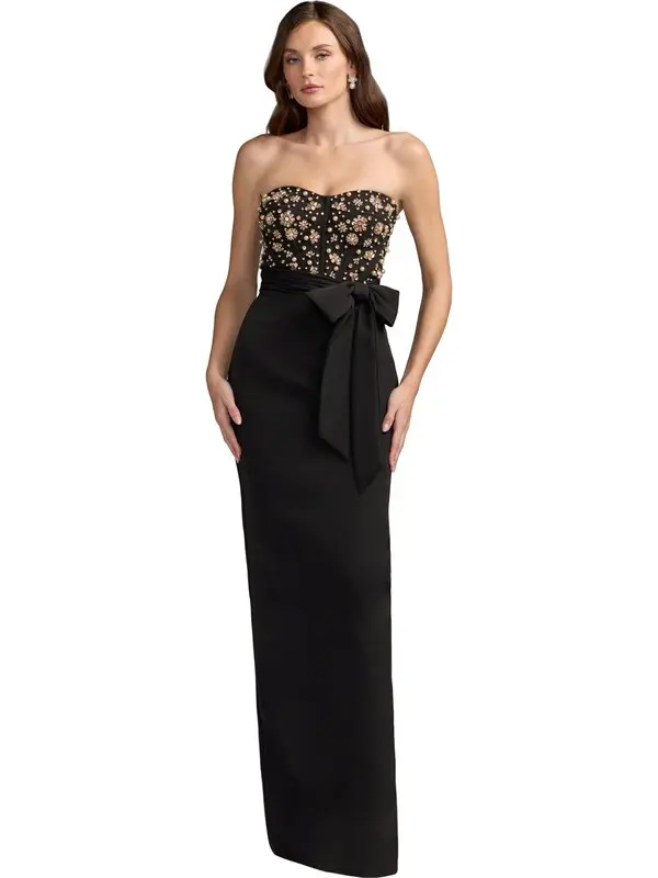 Mac Duggal Gold Strapless Embellished Bustier Gown With Bow - Black