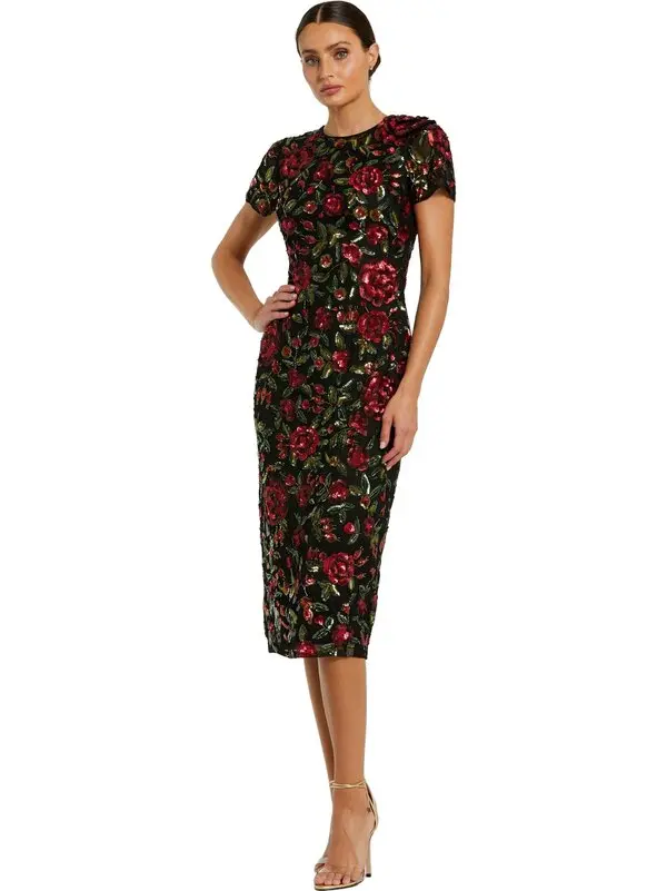 Mac Duggal Black High Neck Floral Embellished Midi Dress - Black Multi
