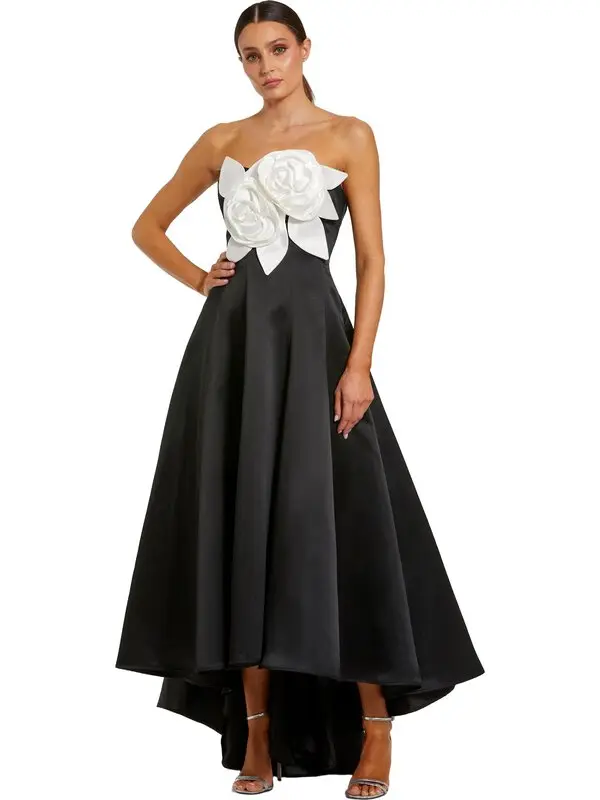 Mac Duggal Ivory Strapless Satin High Low Gown With 3d Flowers - Black