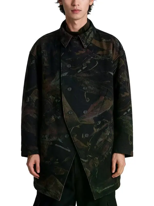 Yohji Yamamoto Abstract-pattern Double-breasted Coat - Black