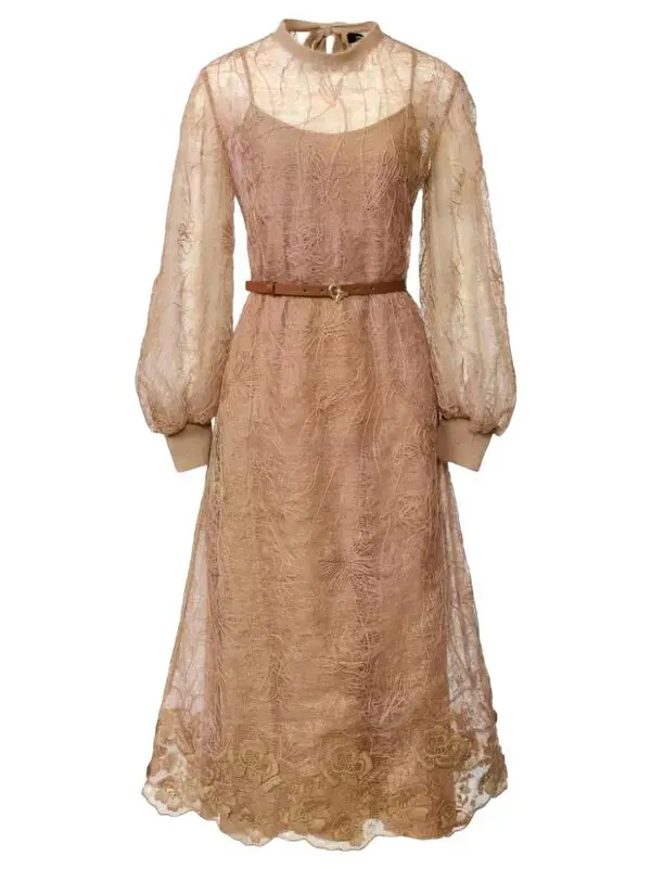 Fabiana Filippi Belted Lace-overlay Midi Dress - Neutrals