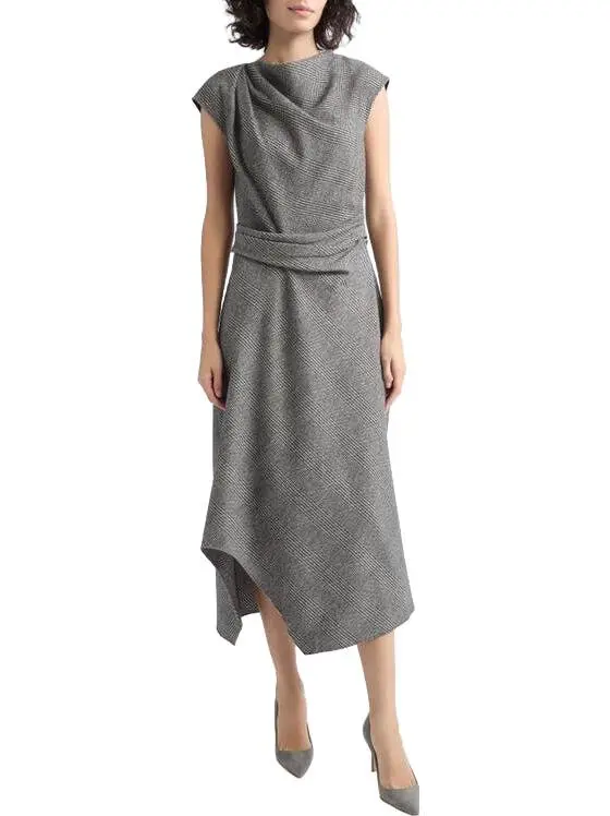 REISS Clara Glen Plaid Asymmetric Hem Wool Blend Dress - Grey
