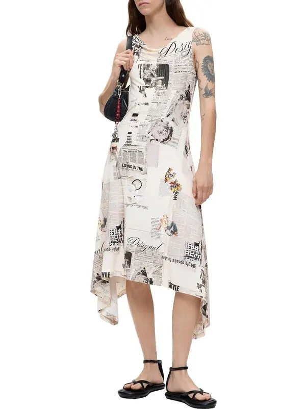Desigual Newspaper Print Handkerchief Hem Dress - White