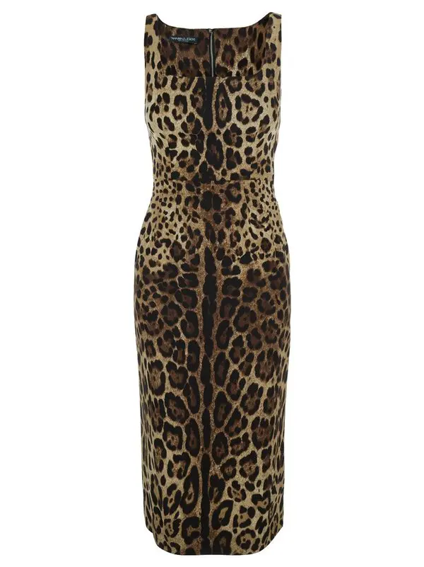 Dolce & Gabbana Brown Sleeveless Midi Dress With All-over Leopard Print In Silk Stretch For - Multicolor