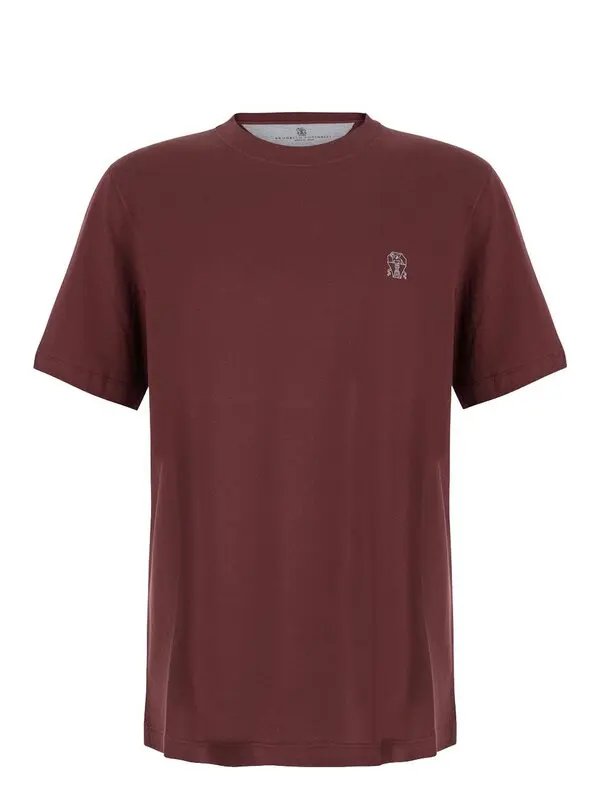 Brunello Cucinelli Burgundy T-shirt With Printed Logo On The Chest In Cotton For - Multicolor