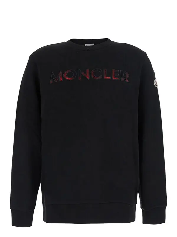 Moncler Black Crew Neck Sweater With Logo Lettering On The Front And Logo Patch On The Sleeve In Cotton Blend - Multicolor