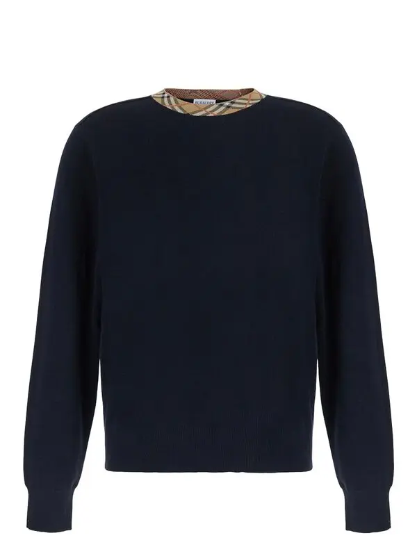 Burberry Michael' Blue Crew Neck Sweater With Check Motif On The Neck In Wool For - Multicolor