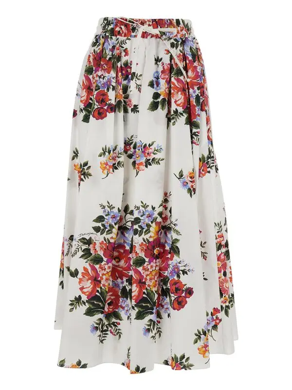 Dolce & Gabbana Long Skirt With Floral Print And Elastic Waist In Cotton For - White