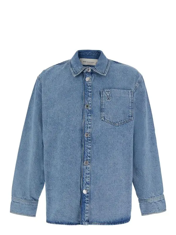 AMI Paris Light Shirt With Classic Collar And Tone-on-tone Adc Embroidery On The Front In Cotton For - Blue