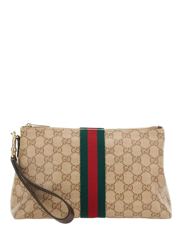 Gucci Beige Clutch With Removable Wrist Strap And Web Detail In Gg Canvas For - Multicolor