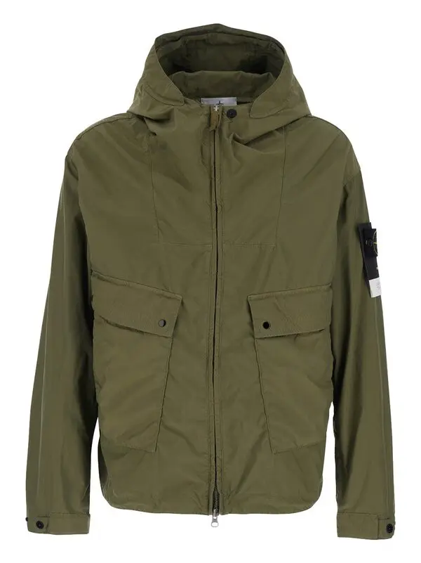 Stone Island Hooded Jacket With Buttons And Logo Patch On Sleeve In Tech Fabric For - Green