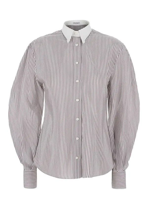 Brunello Cucinelli Brown Shirt With All-over Stripe Motif And Balloon Sleeves In Silk For - Multicolor