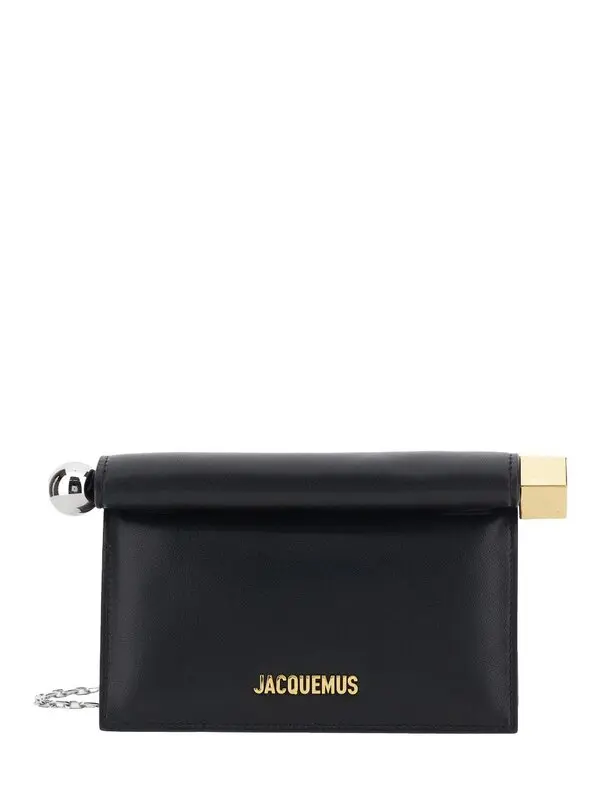 Jacquemus La Petite Pochette Rond Carre' Pouch With Logo Lettering On The Front In Leather - Black