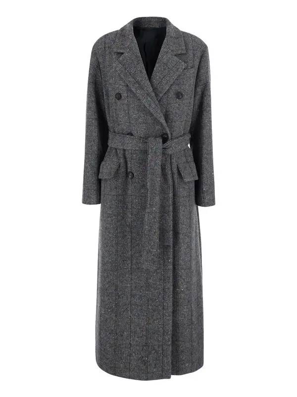 Brunello Cucinelli Gray Double-breasted Coat With Notched Revers And Removable Belt On The Front In Wool Blend For - Multicolor