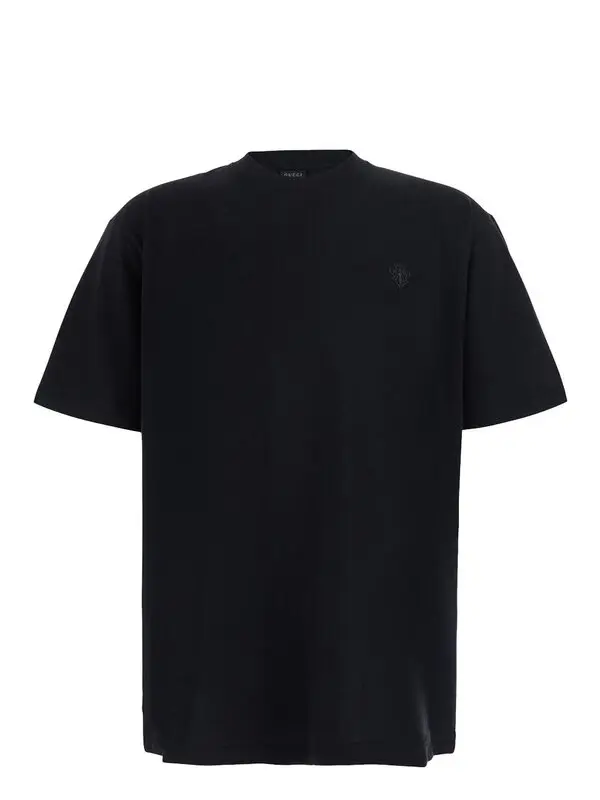 Gucci Black Crew Neck T-shirt With Crest Embroidery On The Front In Blend Cotton For - Multicolor
