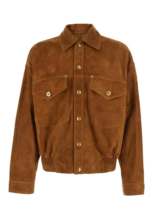 Versace Beige Jacket With Classic Collar And Logoed Jewel Buttons In Suede For - Multicolor