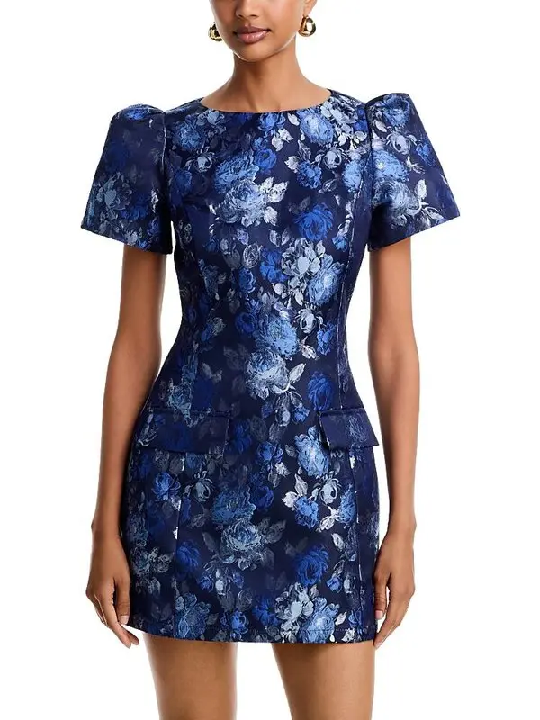 Aqua Brocade Short Sleeve Mini Dress Exclusive - Blue